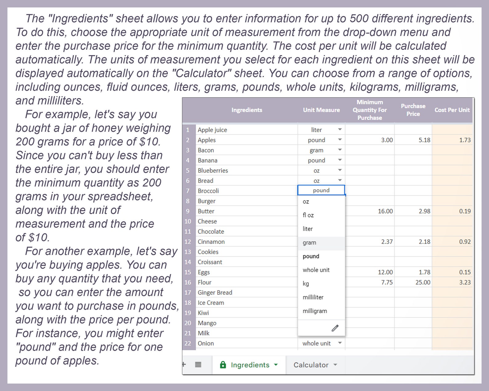Recipe Cost Calculator Cake Pricing Template Baking Ingredient Formula ...