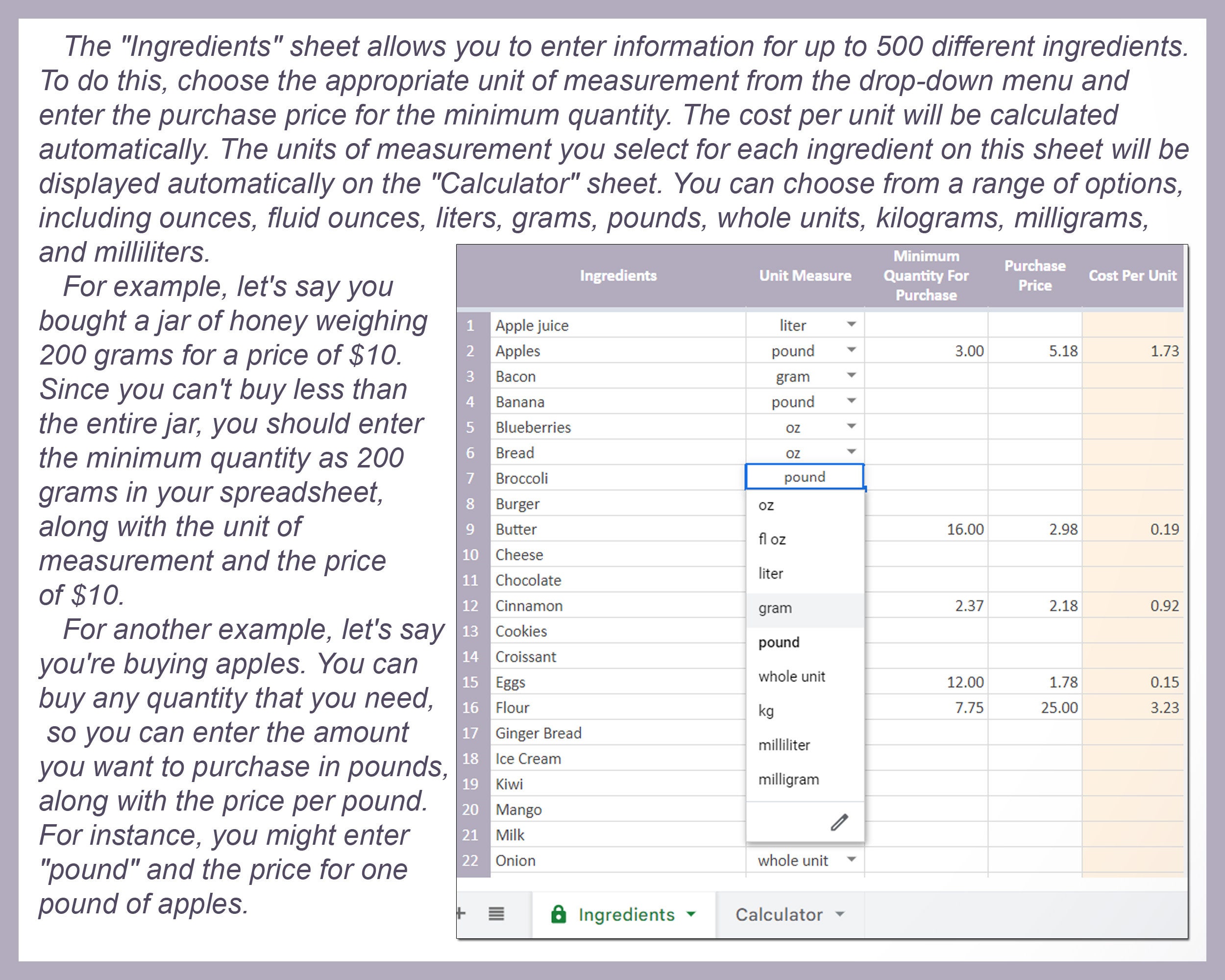 Recipe Cost Calculator Cake Pricing Template Baking Ingredient Formula ...