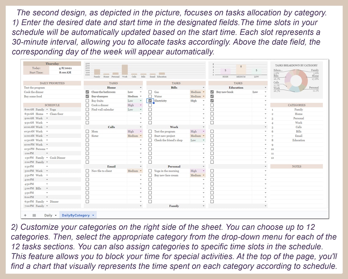 Daily Planner Excel Daily Schedule Template Daily Work Schedule Daily ...