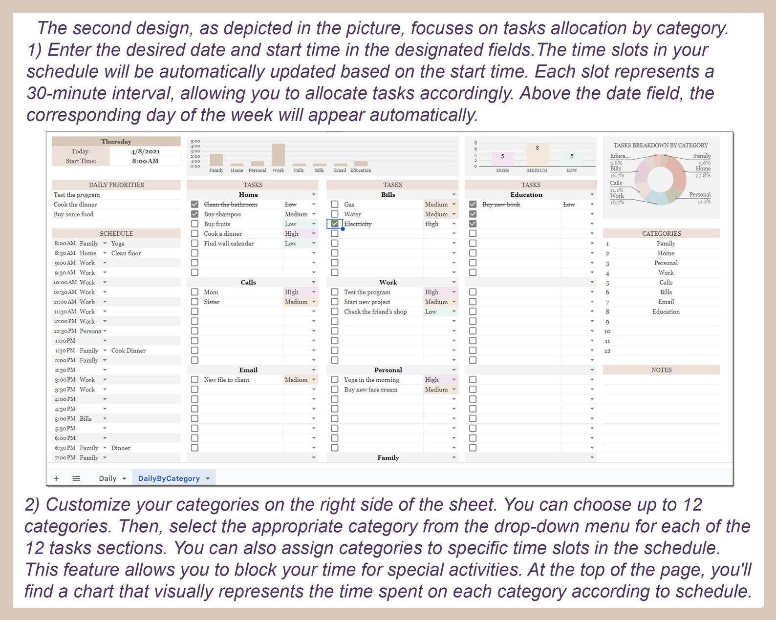 Daily Planner Excel Daily Schedule Template Daily Work Schedule Daily ...
