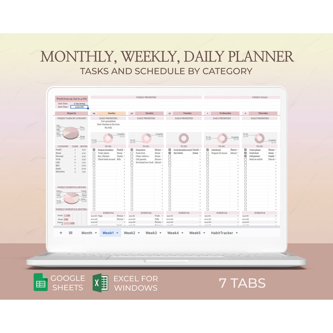 Digital Planner Spreadsheet Excel Monthly Weekly Daily Layout To-do ...
