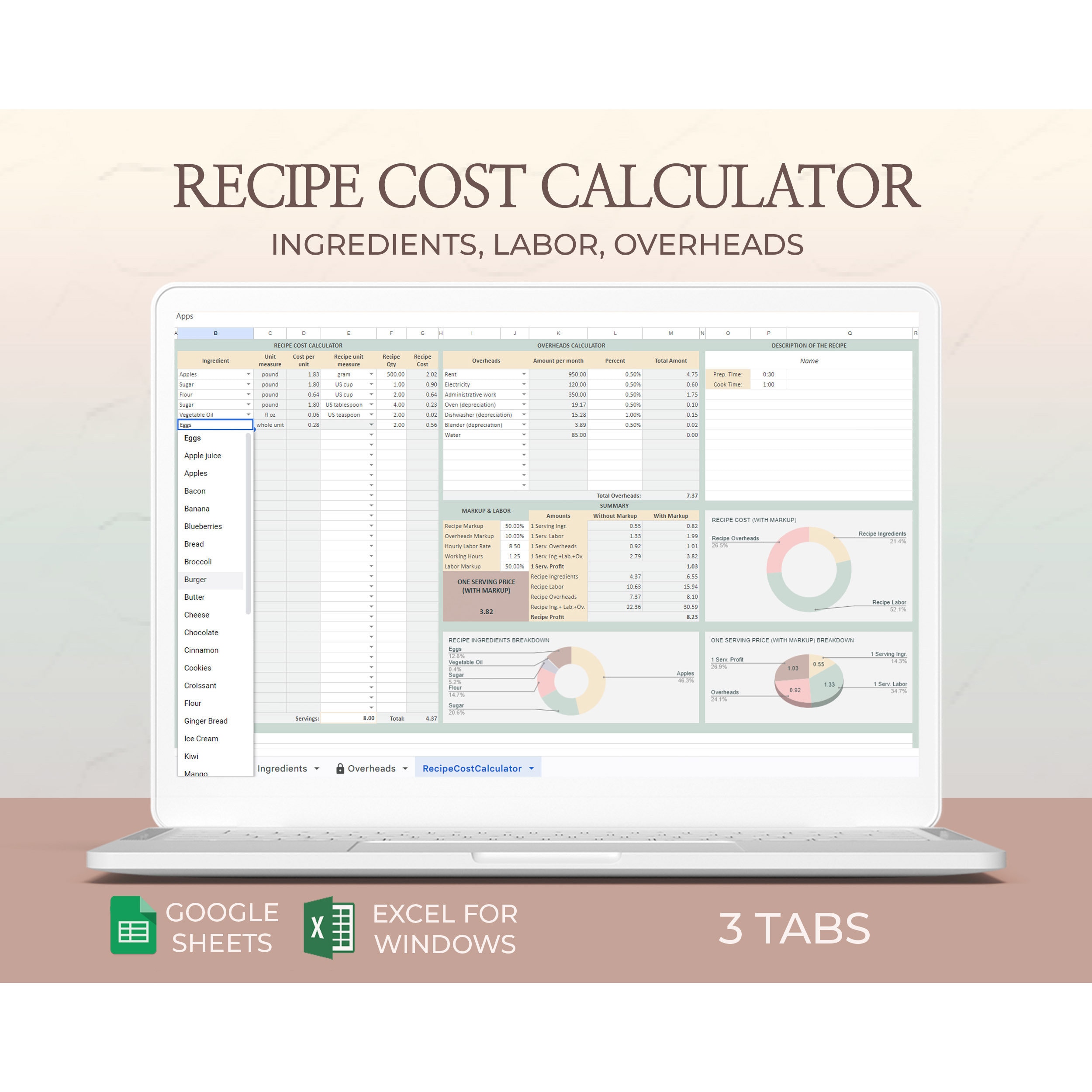 Cake Pricing Calculator Recipe Costing Template Baking Ingredient ...