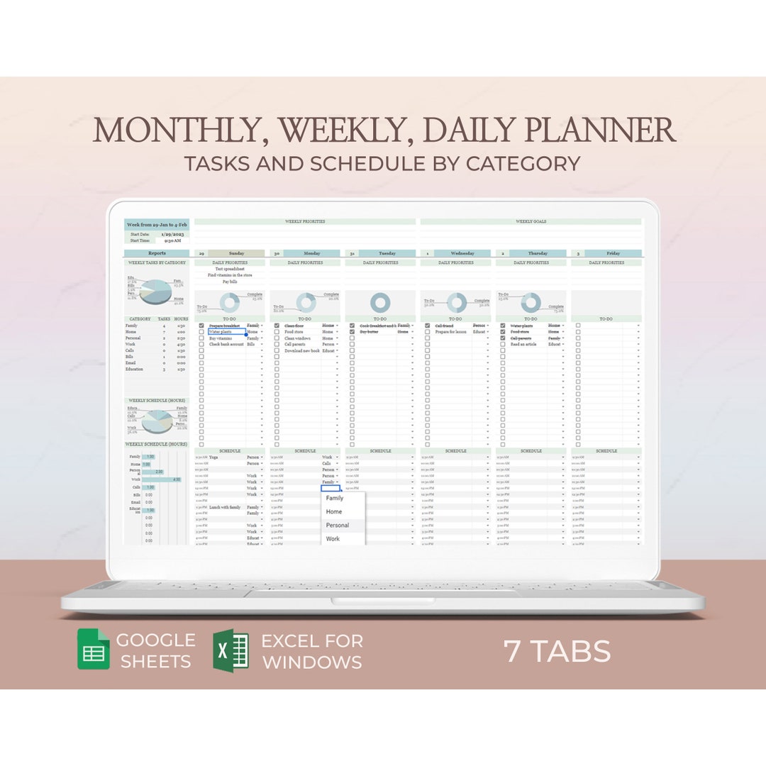Monthly Weekly Daily Digital Planner Excel Google Sheets To-do List ...