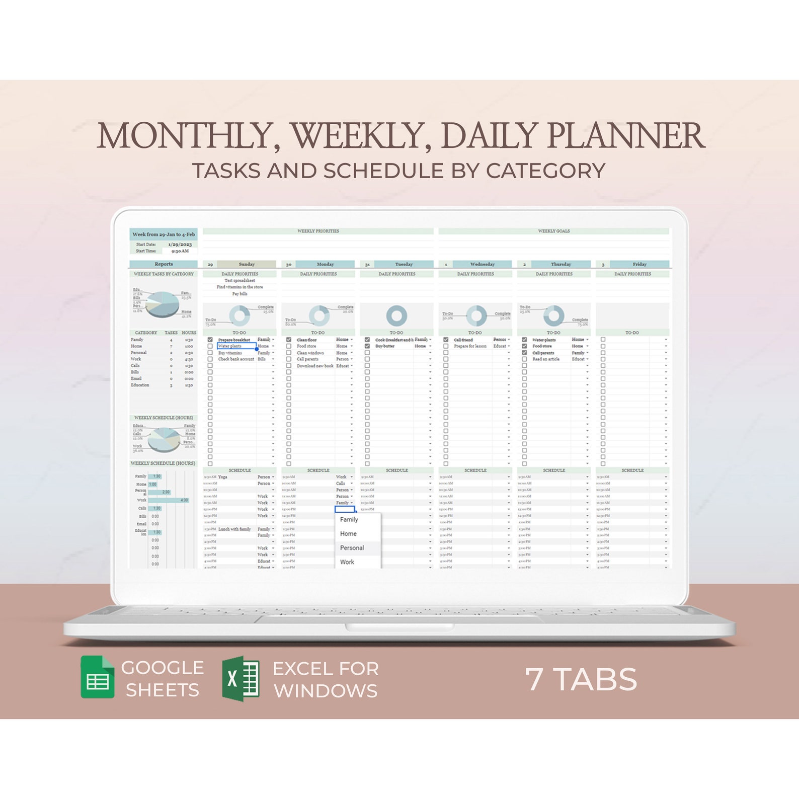 Monthly Weekly Daily Digital Planner Excel Google Sheets To-do List ...
