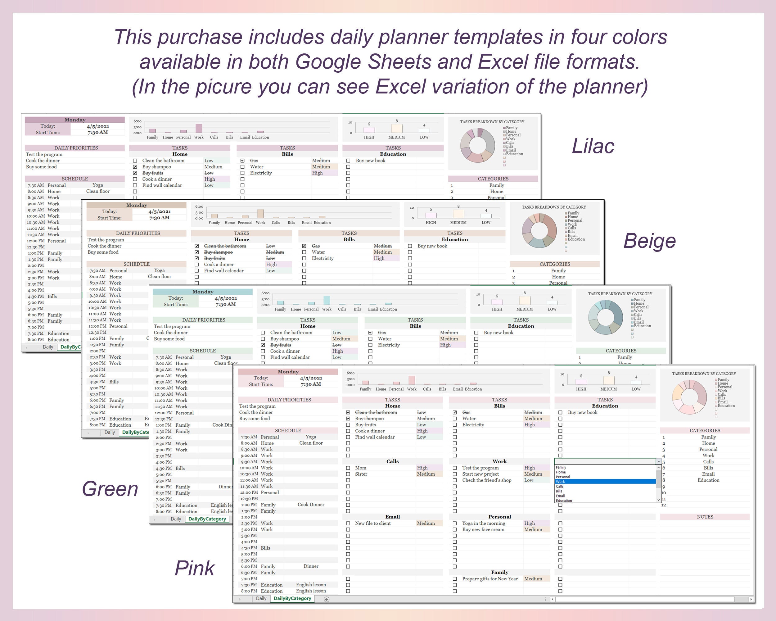 Daily Planner Spreadsheet Excel Task Tracker To-do List Schedule ...
