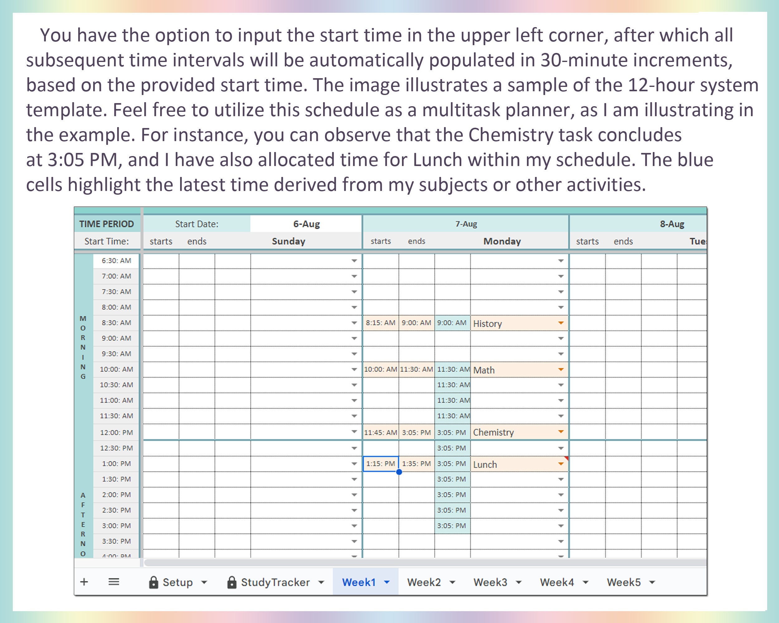 Student Planner Spreadsheet Study Time Tracker Digital Homework ...