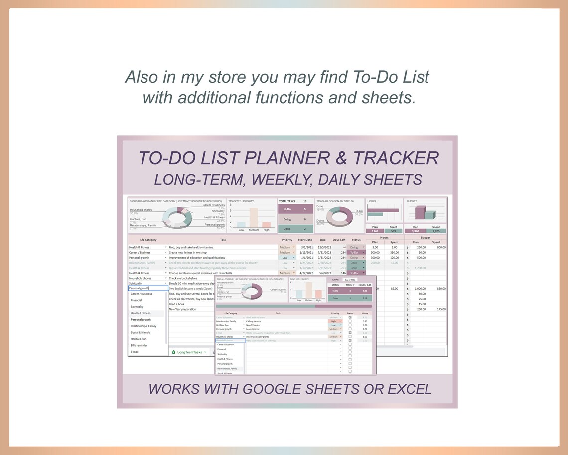 Monthly To-do List Excel, Check List, Work Hours Planner, Weekly to Do ...