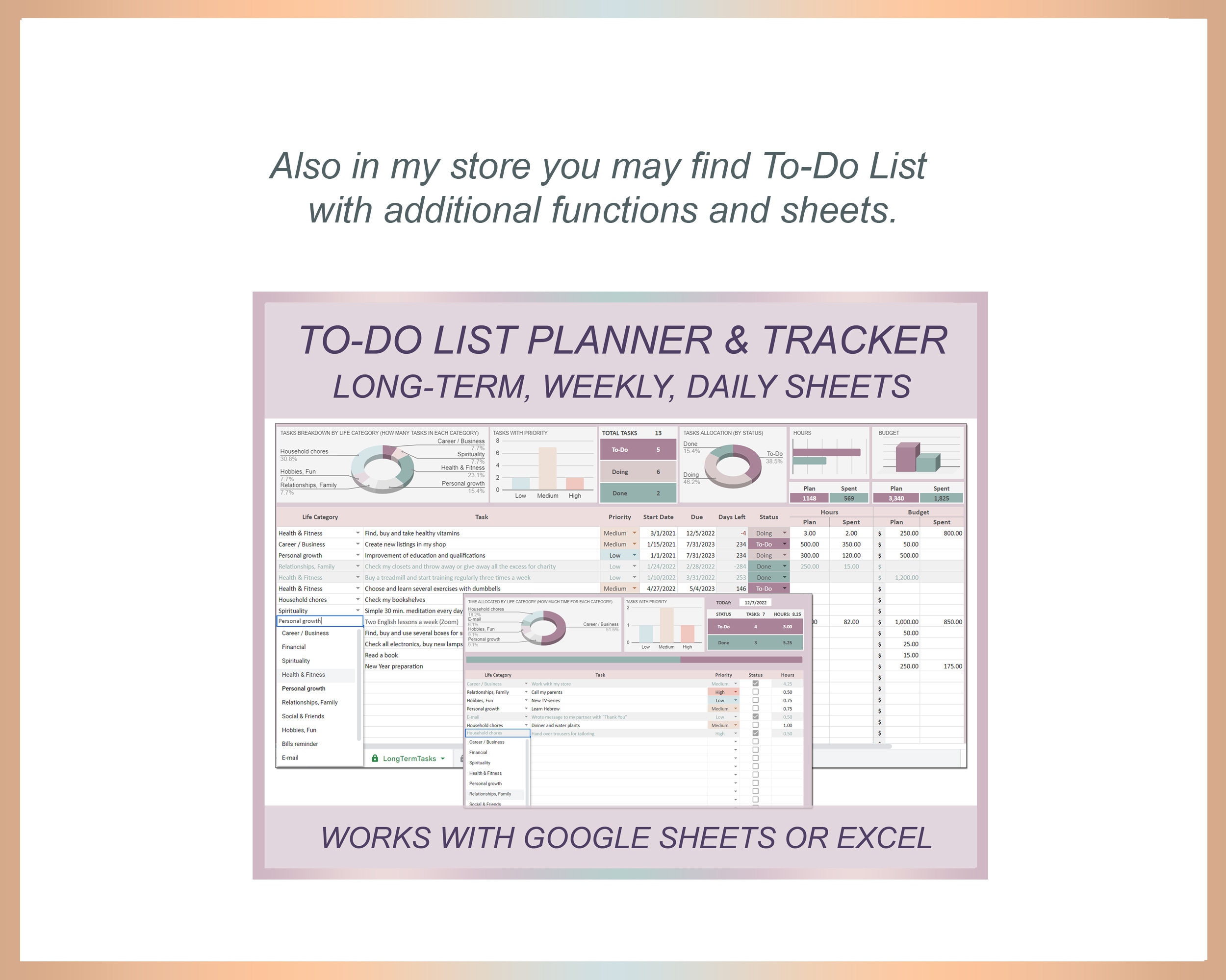 Monthly To-do List, Check List Excel, Work Hours Planner, Weekly to Do ...