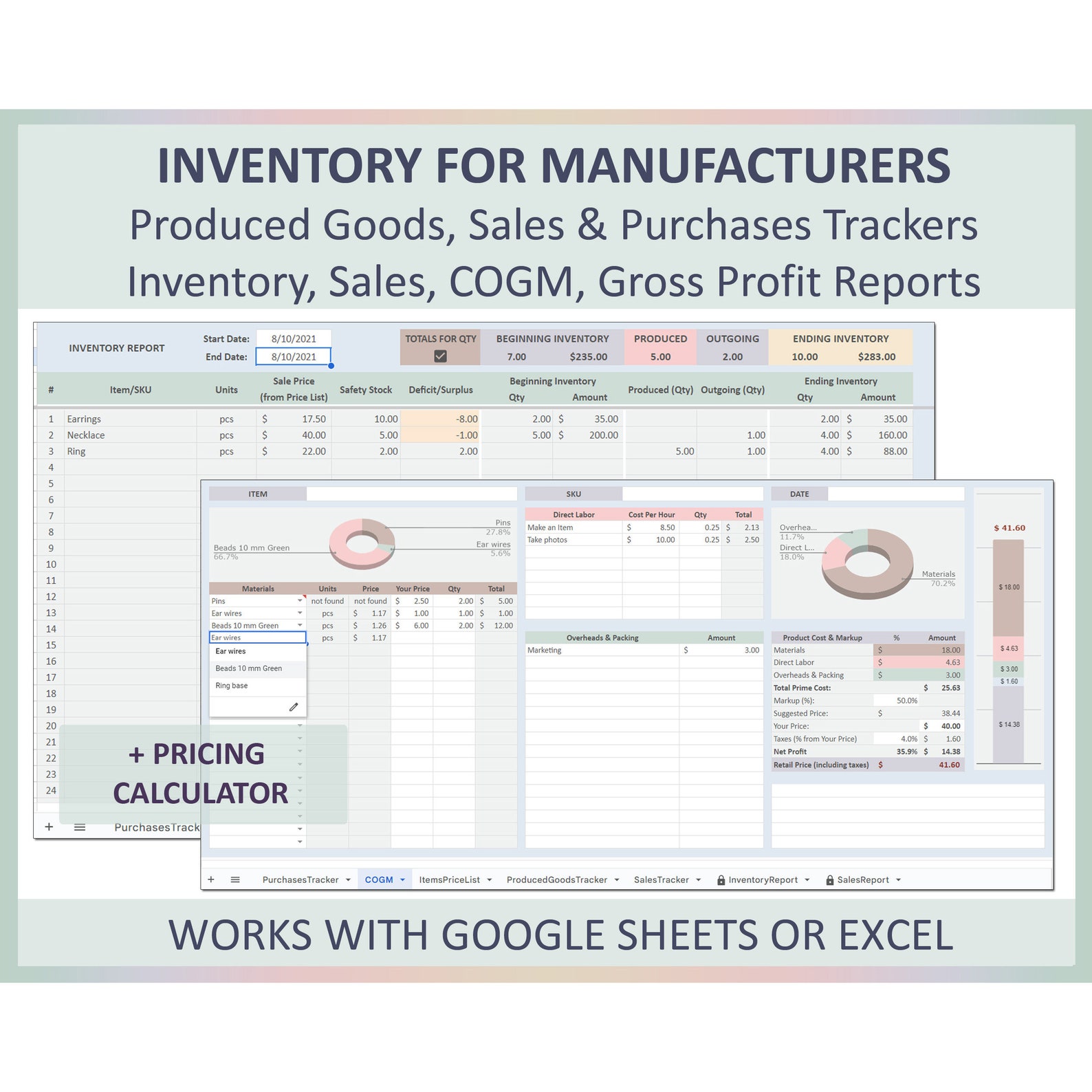 Inventory Spreadsheet Pricing Sheet Sales Tracker Costing Calculator ...