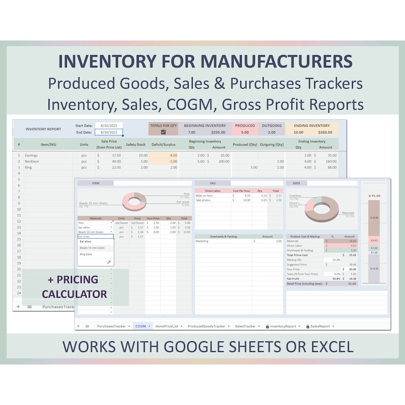 Inventory Spreadsheet Pricing Sheet Sales Tracker Costing Calculator ...