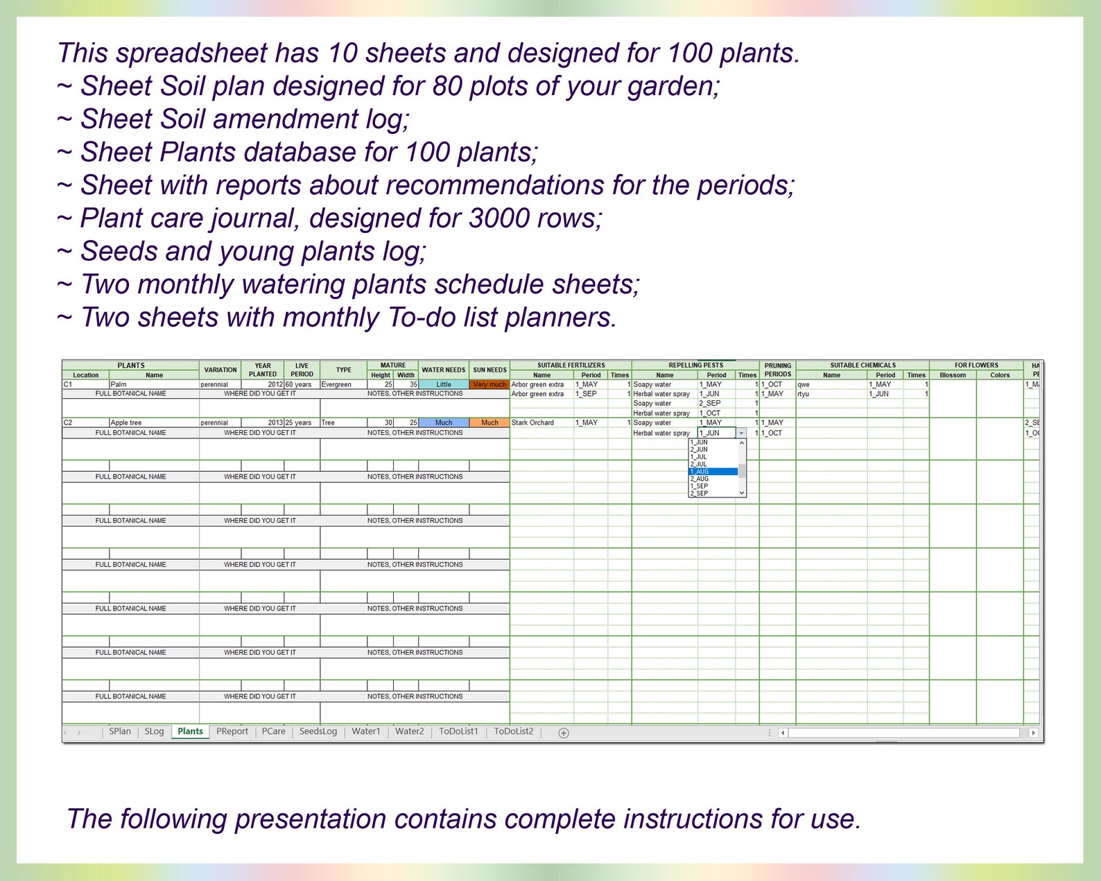 Excel Garden Planner Plant Care Worksheet Watering Schedule Flowers ...