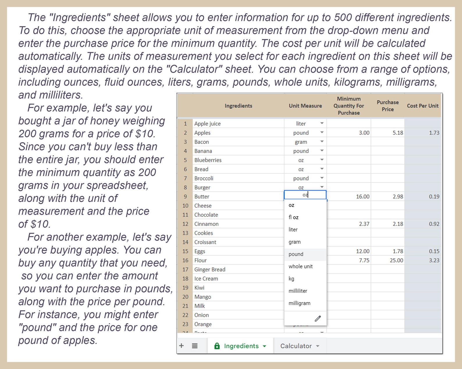 Recipe Cost Calculator Excel Template Cake Pricing Formula Baking ...