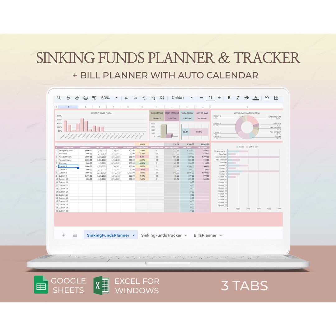 Excel Sinking Funds Tracker Spreadsheet Google Sheets Savings Planner ...