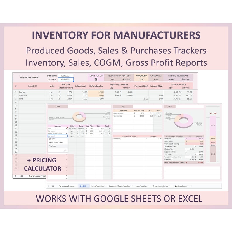 Inventory Spreadsheet Excel Google Sheets Pricing Sheet Sales Tracker Costing Calculator COGM ...