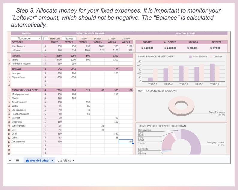 Weekly Budget Excel Template Google Sheets Simple Planner Spreadsheet ...