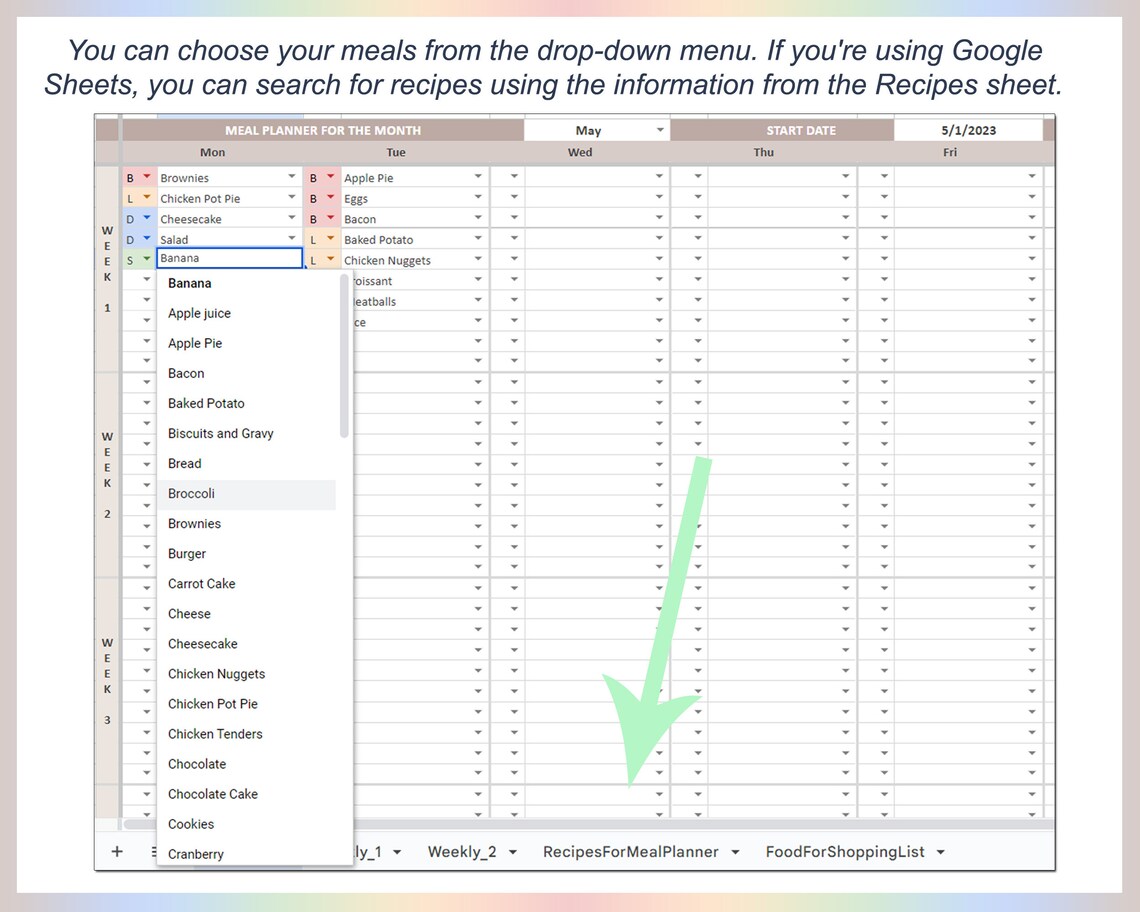 Meal Planning Spreadsheet, Grocery List Template, Monthly Menu Planner ...