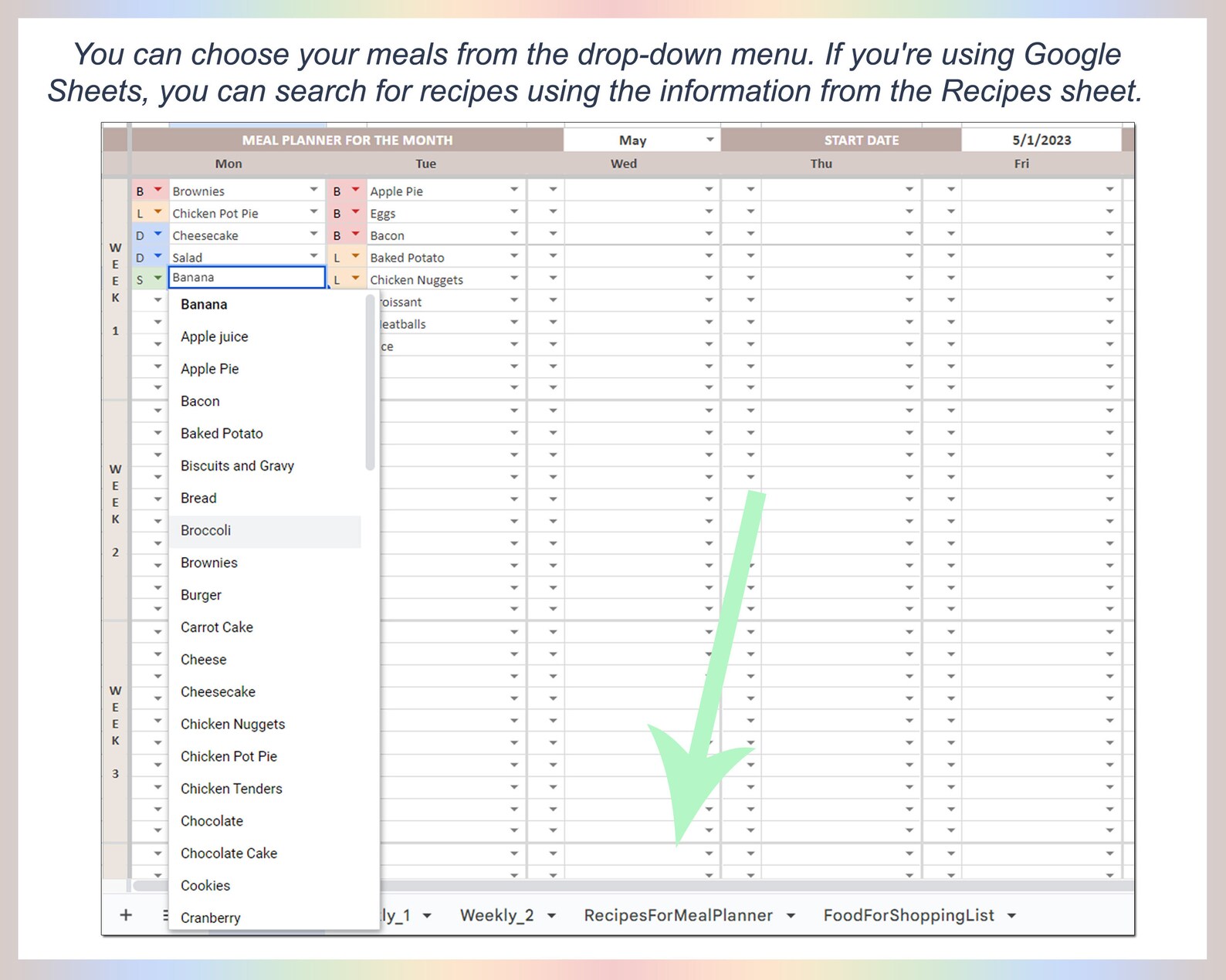 Meal Planning Spreadsheet, Grocery List Template, Monthly Menu Planner ...