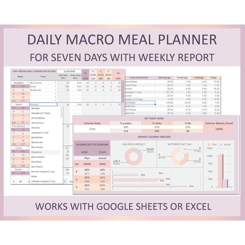 Macro Meal Planner Spreadsheet, Excel Meal Planner, Macro Diet Meal ...