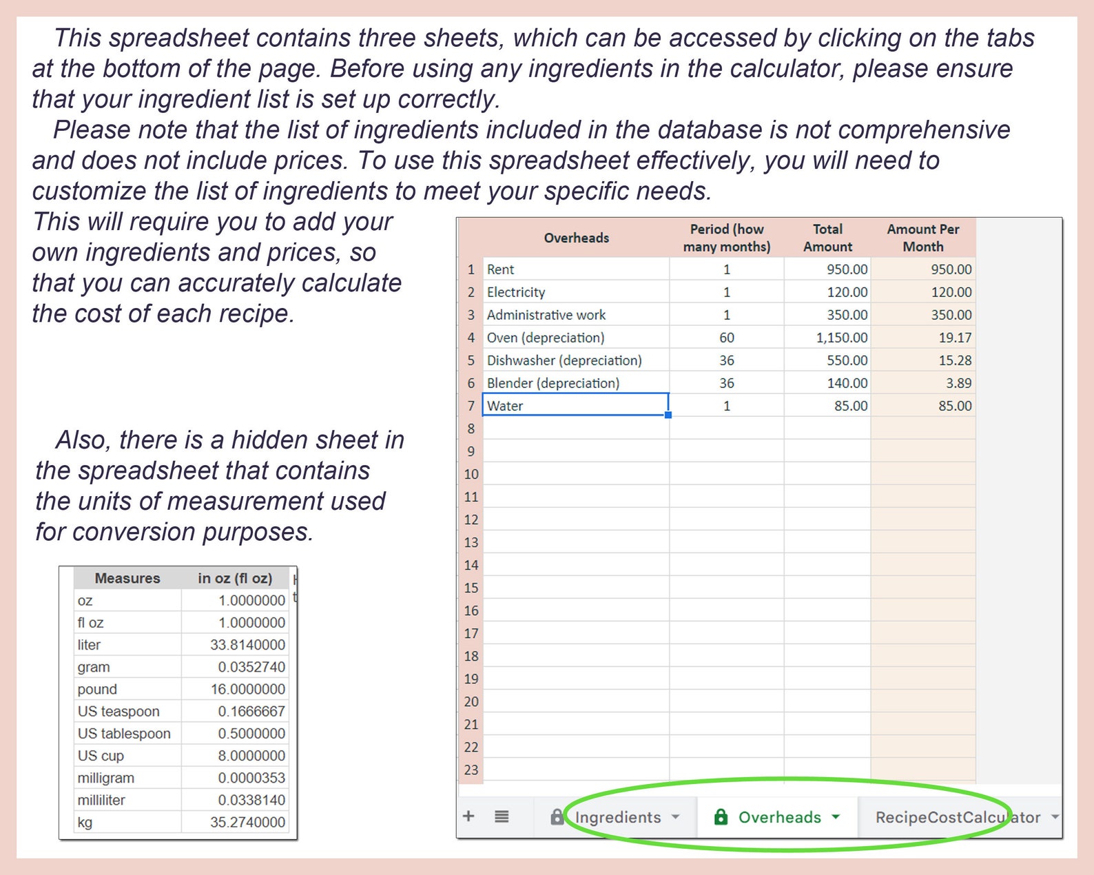 Recipe Cost Calculator Excel, Ingredient Cost, Baking Cost Formula ...