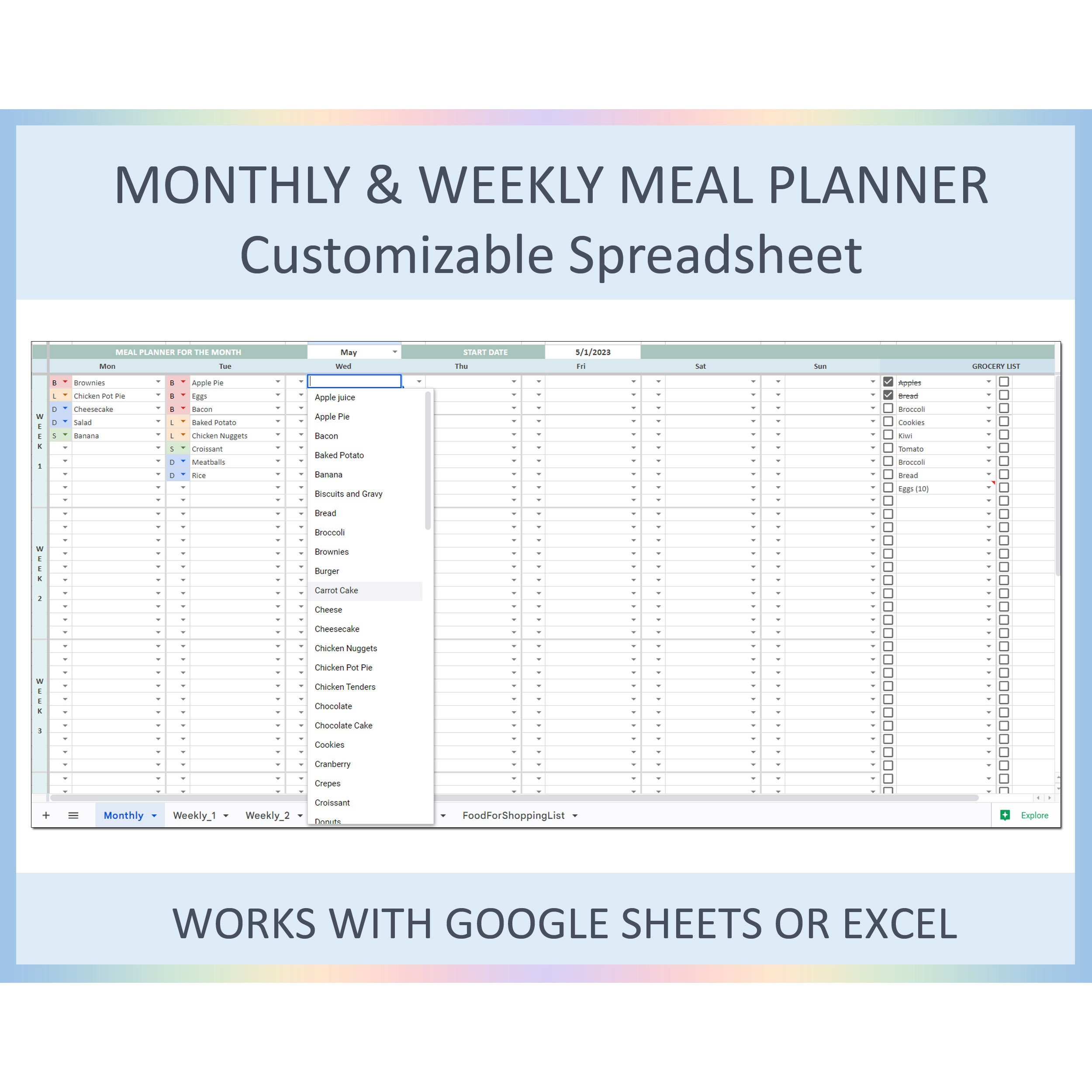 Monthly Meal Planner Template Weekly Menu Excel Spreadsheet Grocery ...