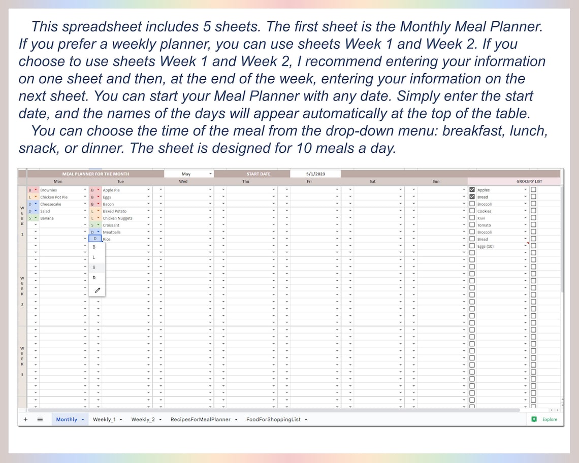Meal Planning Spreadsheet, Grocery List Template, Monthly Menu Planner ...