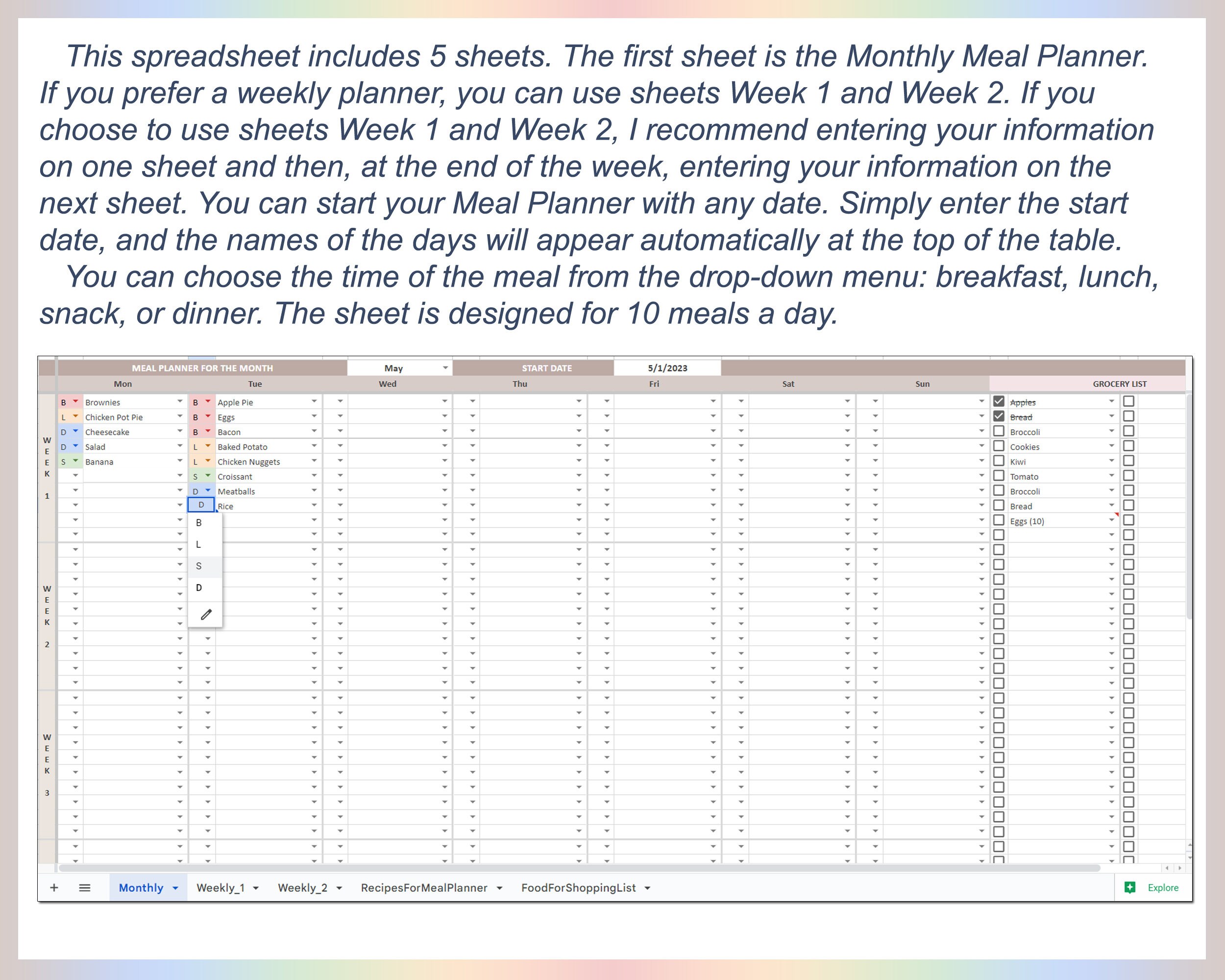 Meal Planning Spreadsheet, Grocery List Template, Monthly Menu Planner ...