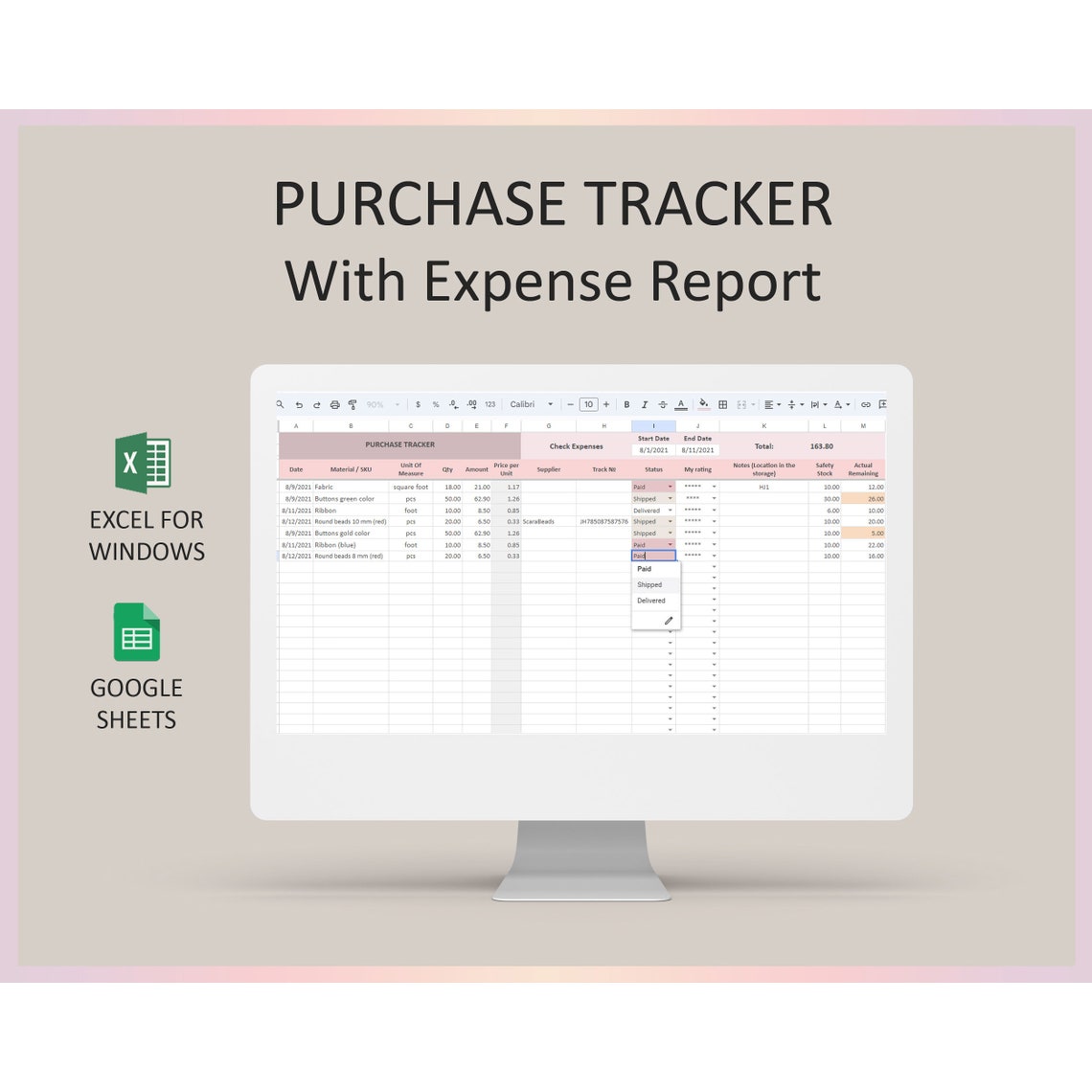 Excel Purchase Order Tracking Template PO Spreadsheet Organizer Google ...
