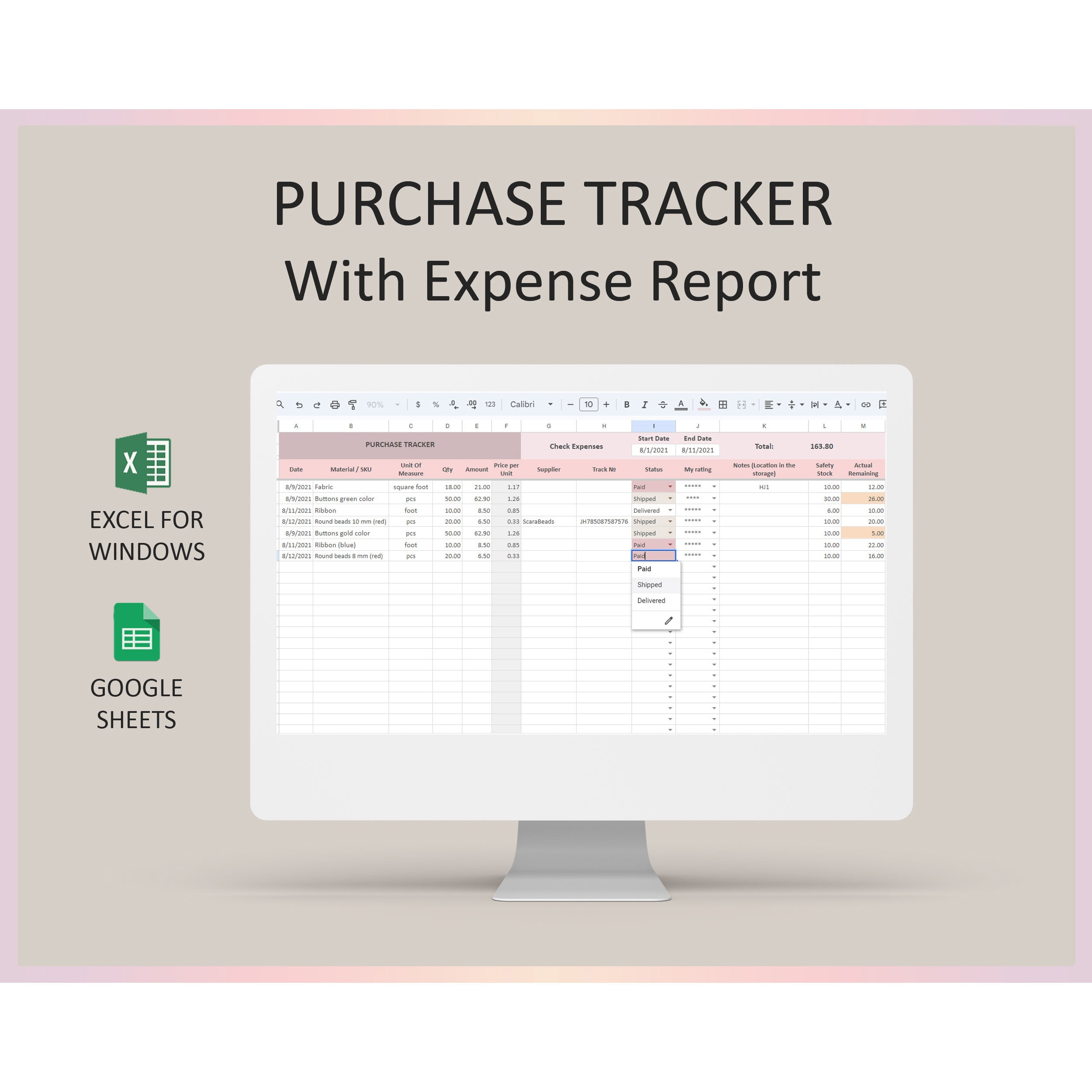 Excel Purchase Order Tracking Template PO Spreadsheet Organizer Google ...