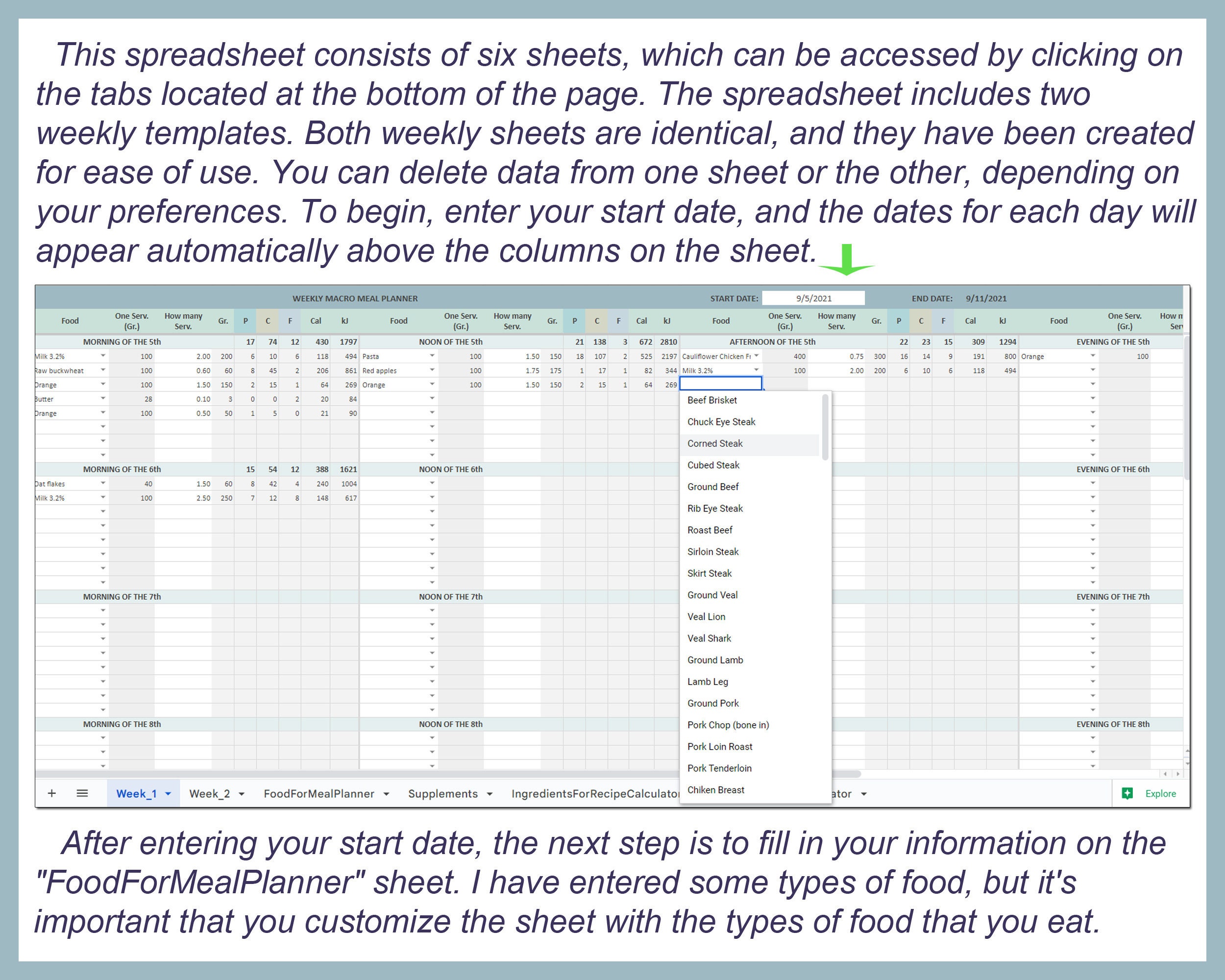 Macro Diet Meal Planner Editable Excel Template Digital Nutrition ...