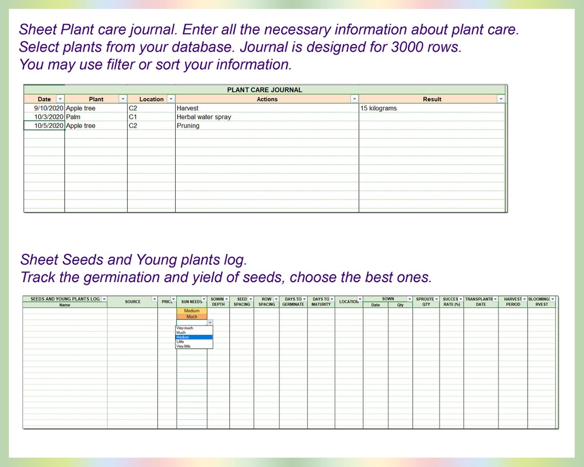 Excel Garden Planner, Plant Care Worksheet, Excel Plants Journal ...
