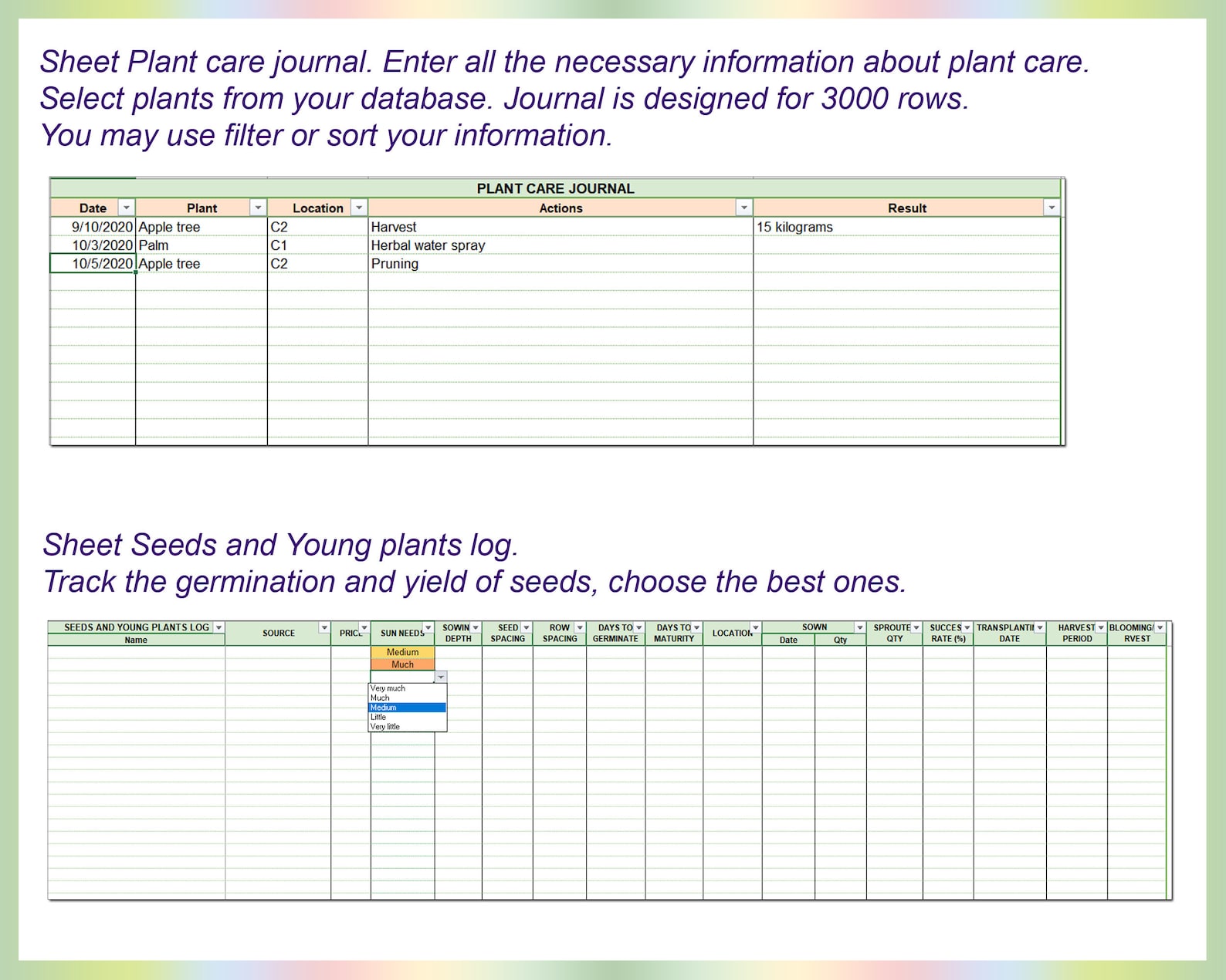 Excel Garden Planner Plant Care Worksheet Watering Schedule Flowers ...