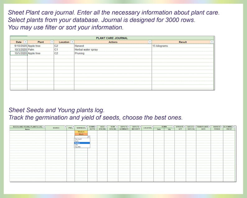 Excel Garden Planner Plant Care Worksheet Watering Schedule Flowers ...