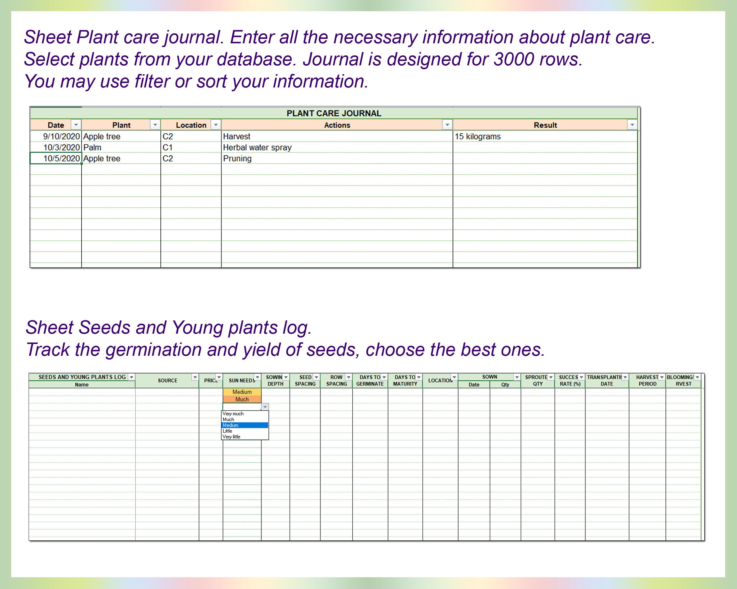 Excel Garden Planner Plant Care Worksheet Watering Schedule Flowers ...