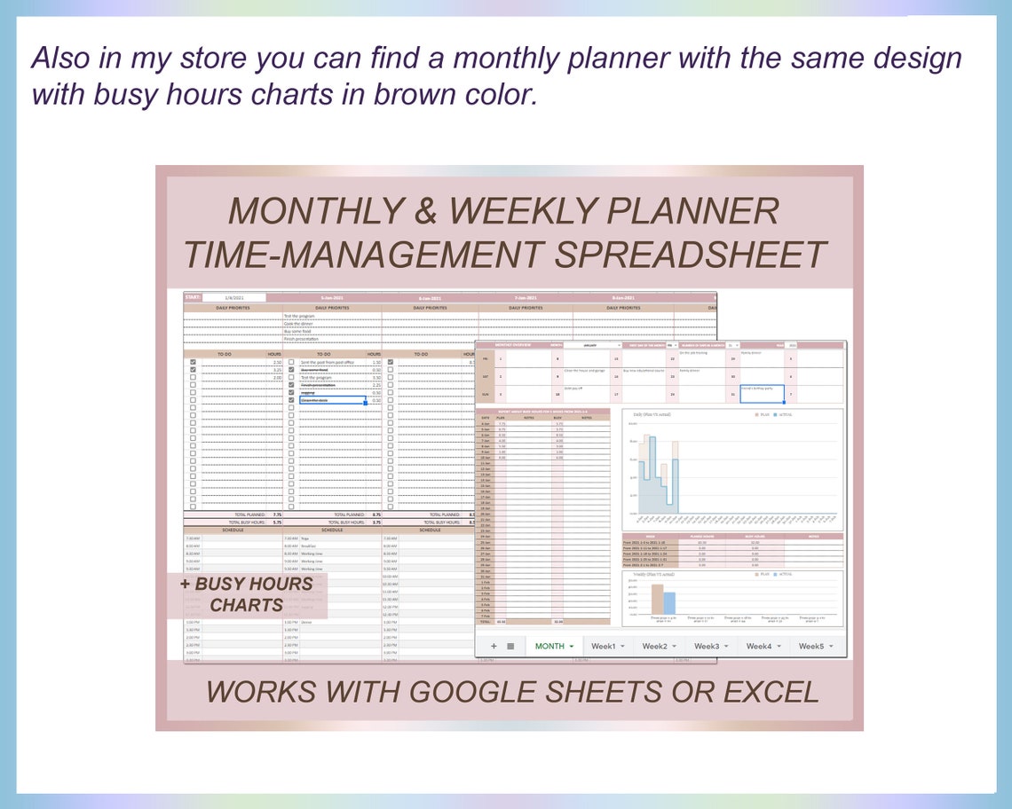 Monthly Planner Spreadsheet Weekly Hourly Calendar Weekly - Etsy