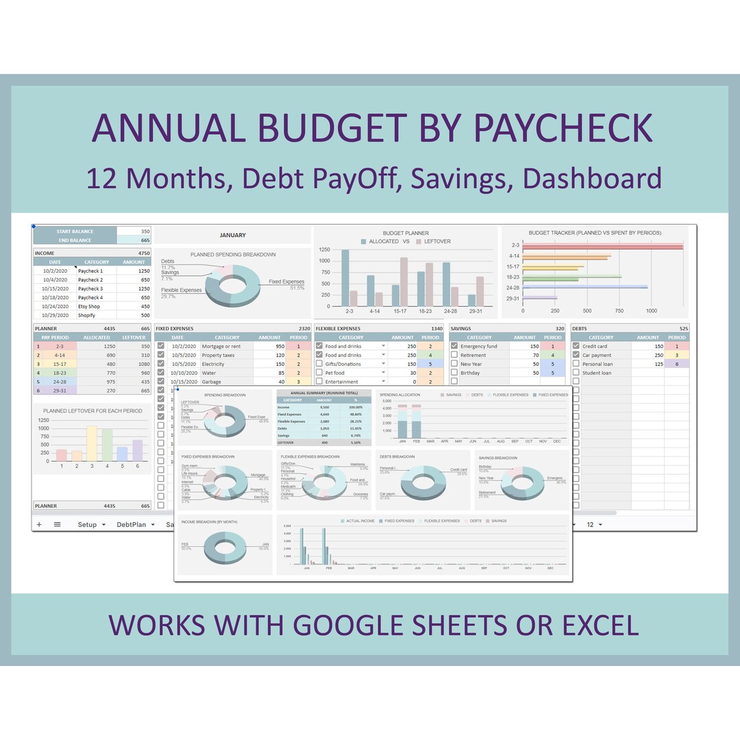 Budget by Paycheck Monthly Planner Template Excel Google Sheets Annual ...