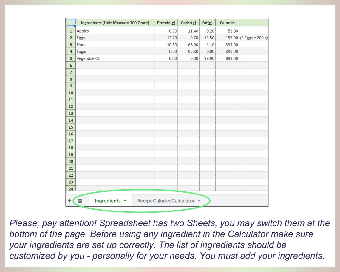 Recipe Calories Calculator Google Sheets Nutrition Counter Meal Calorie ...