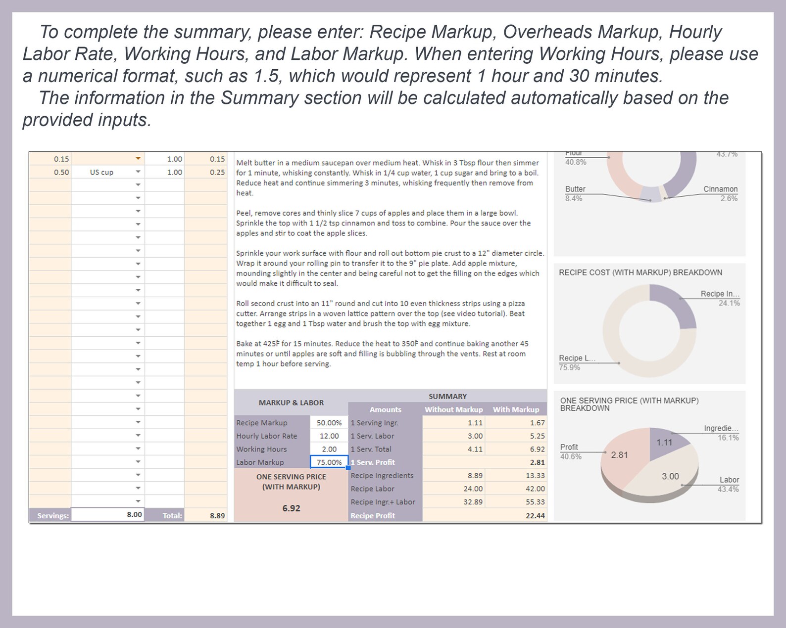 Recipe Cost Calculator Order Profit Template Baking Ingredient Formula ...