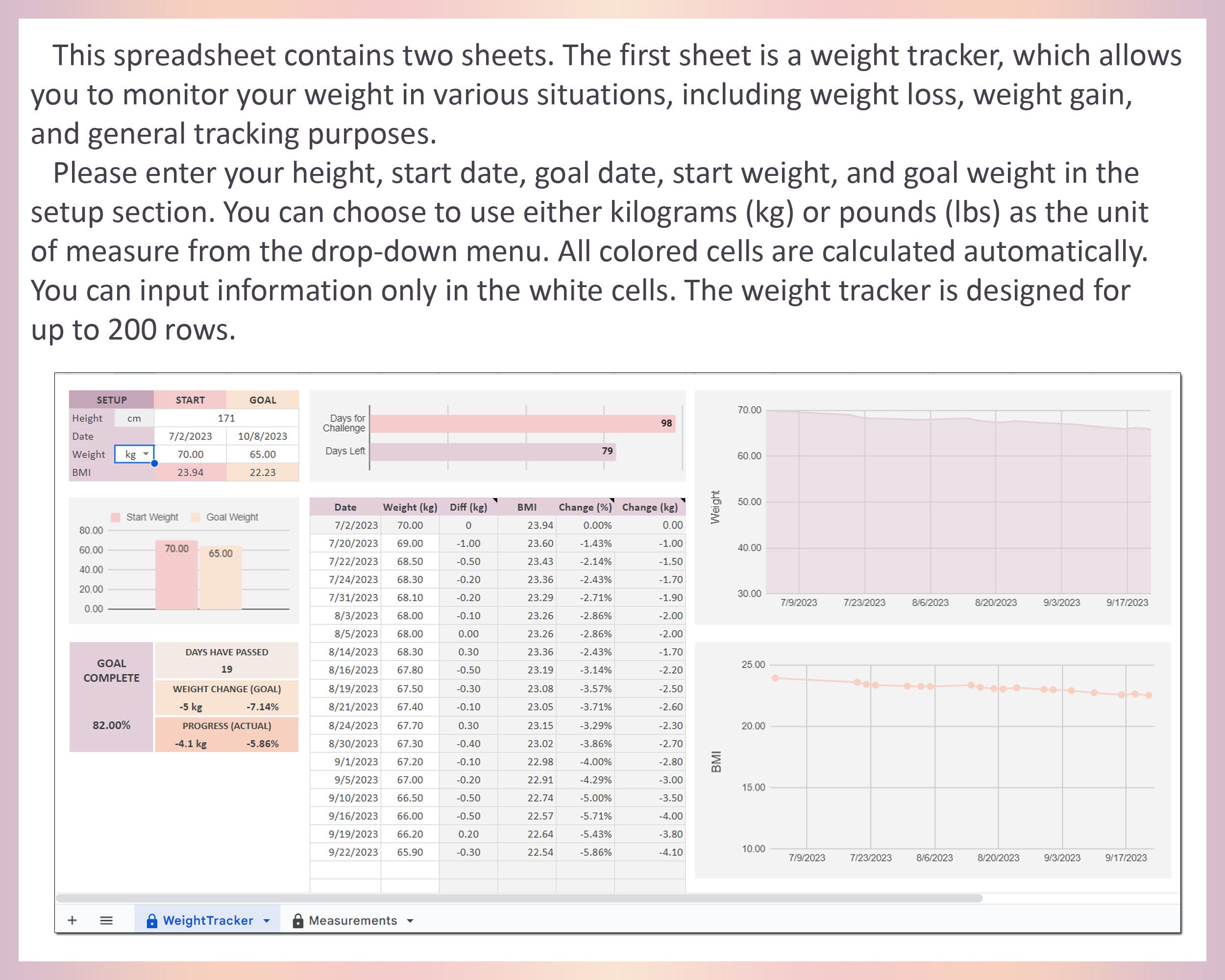 Body Measurements Tracker Google Sheets Weight Loss Template Weekly ...
