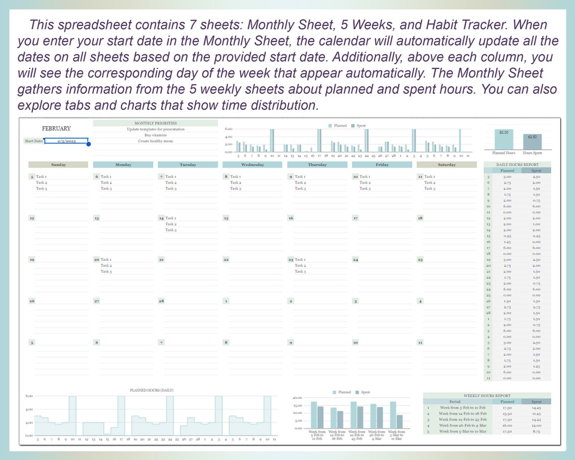 Monthly Planner Spreadsheet Weekly Hourly Calendar Weekly Schedule ...