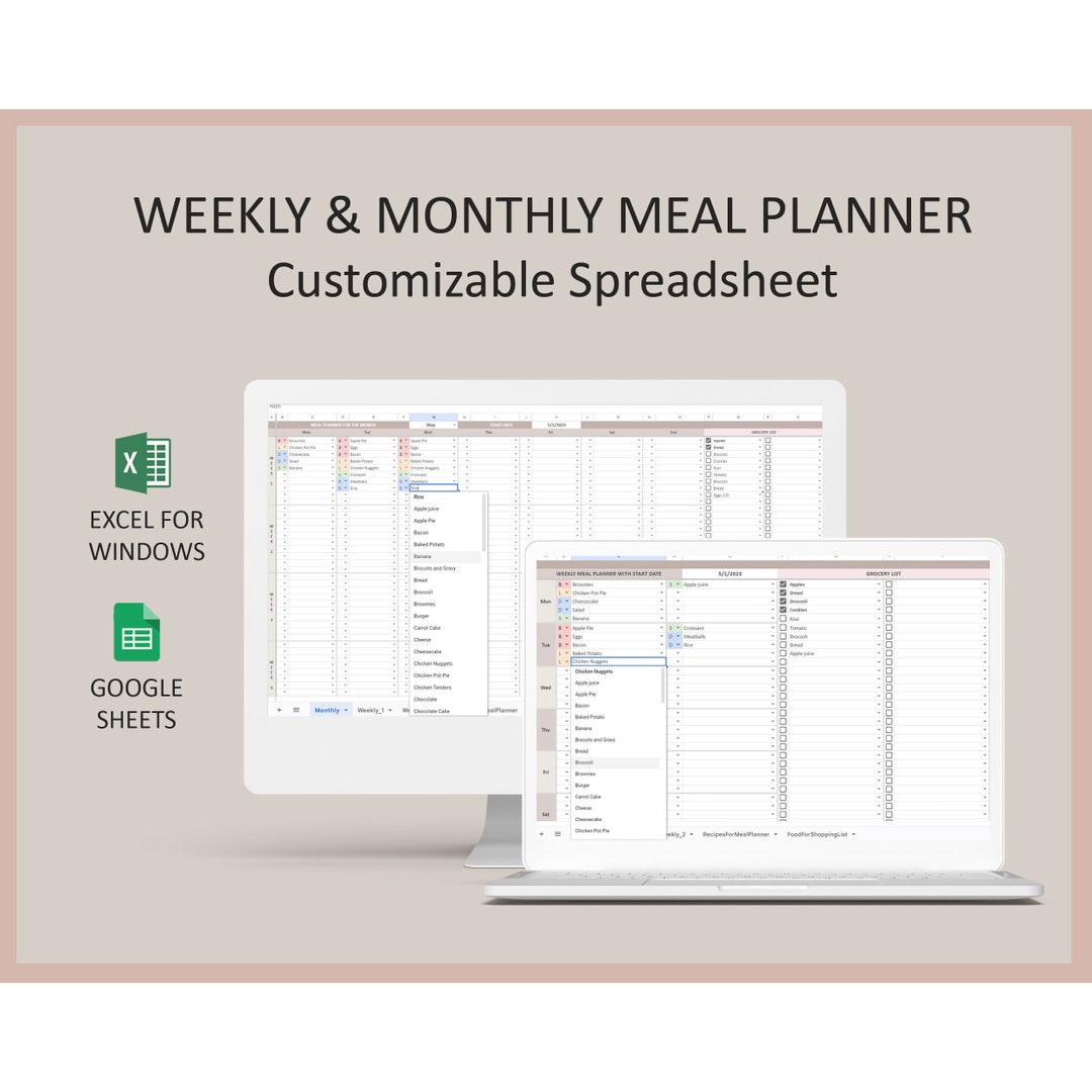 Digital Meal Planner, Grocery List, Meal Planner Excel, Meal Planner ...