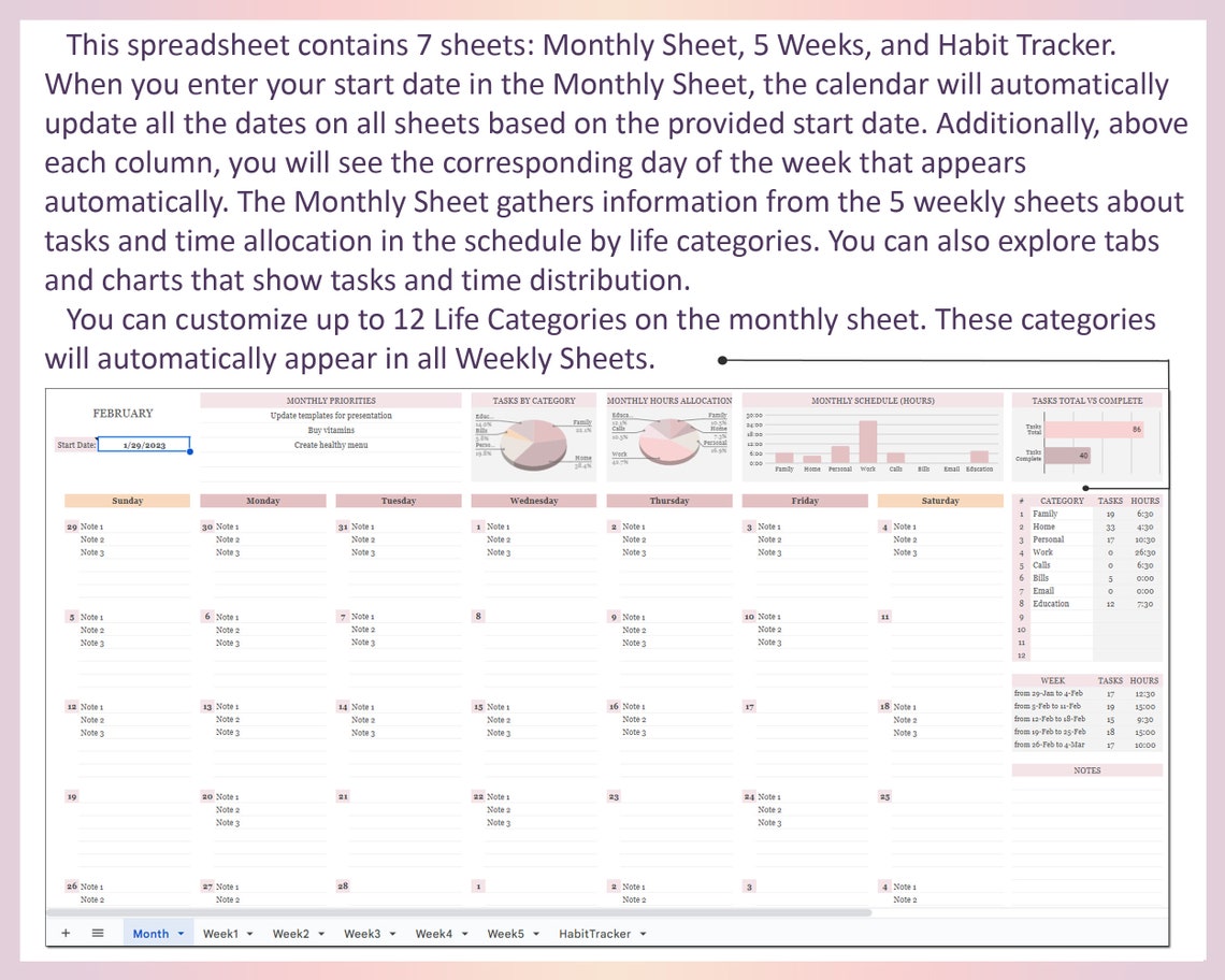 Monthly Planner Spreadsheet Task Management Personal Tasks - Etsy