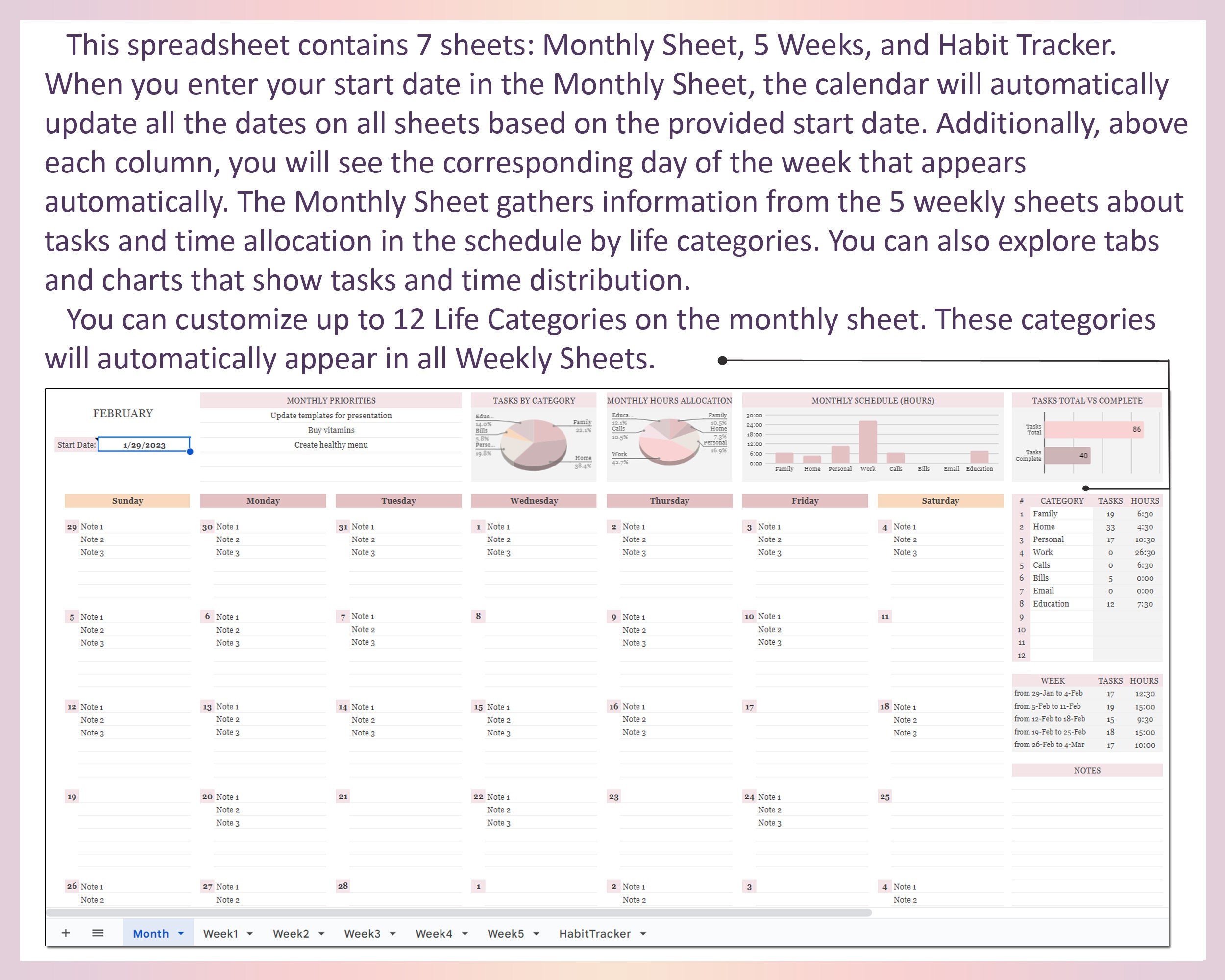 Monthly Weekly Daily Planner Spreadsheet Digital To-do List Organizer ...