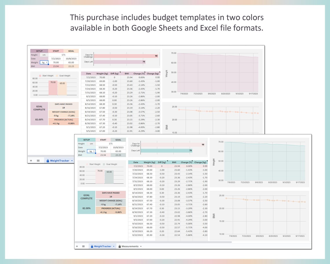 Excel Weight Loss Tracker Spreadsheet Challenge Journal Weight Chart ...