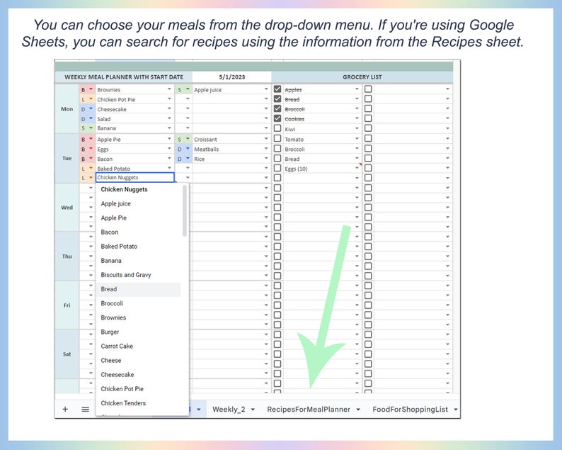 Monthly Meal Planner Template Weekly Menu Excel Spreadsheet Grocery ...