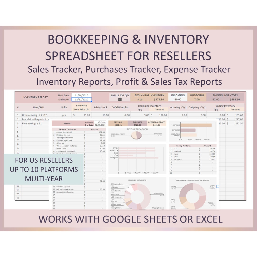 Reseller Bookkeeping Spreadsheet for Inventory Tracking Sales Expenses ...