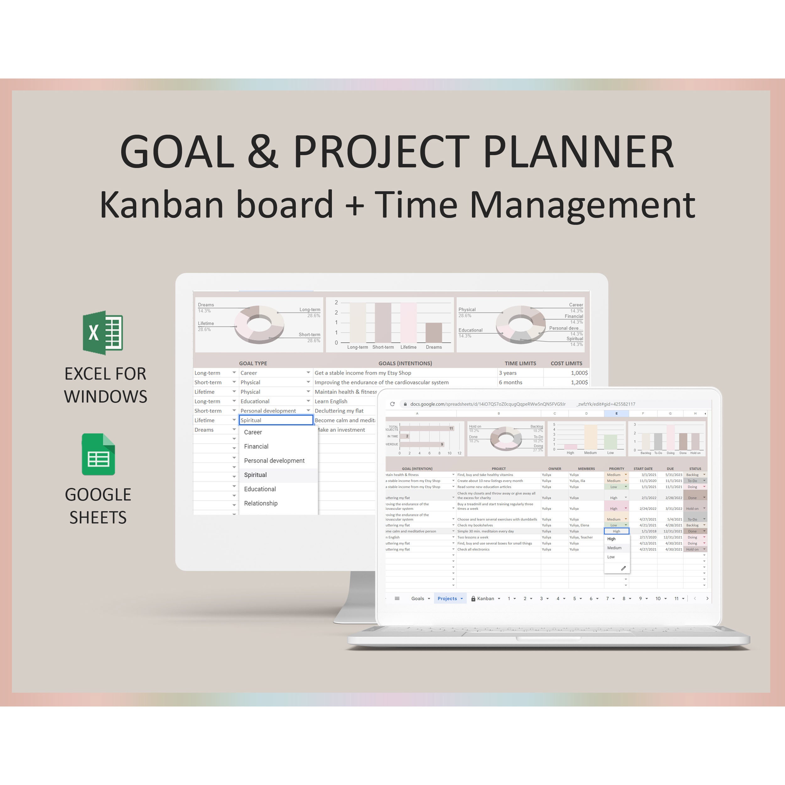 Personal Kanban Board Excel Template Goal Planner Project Tracker Goal ...