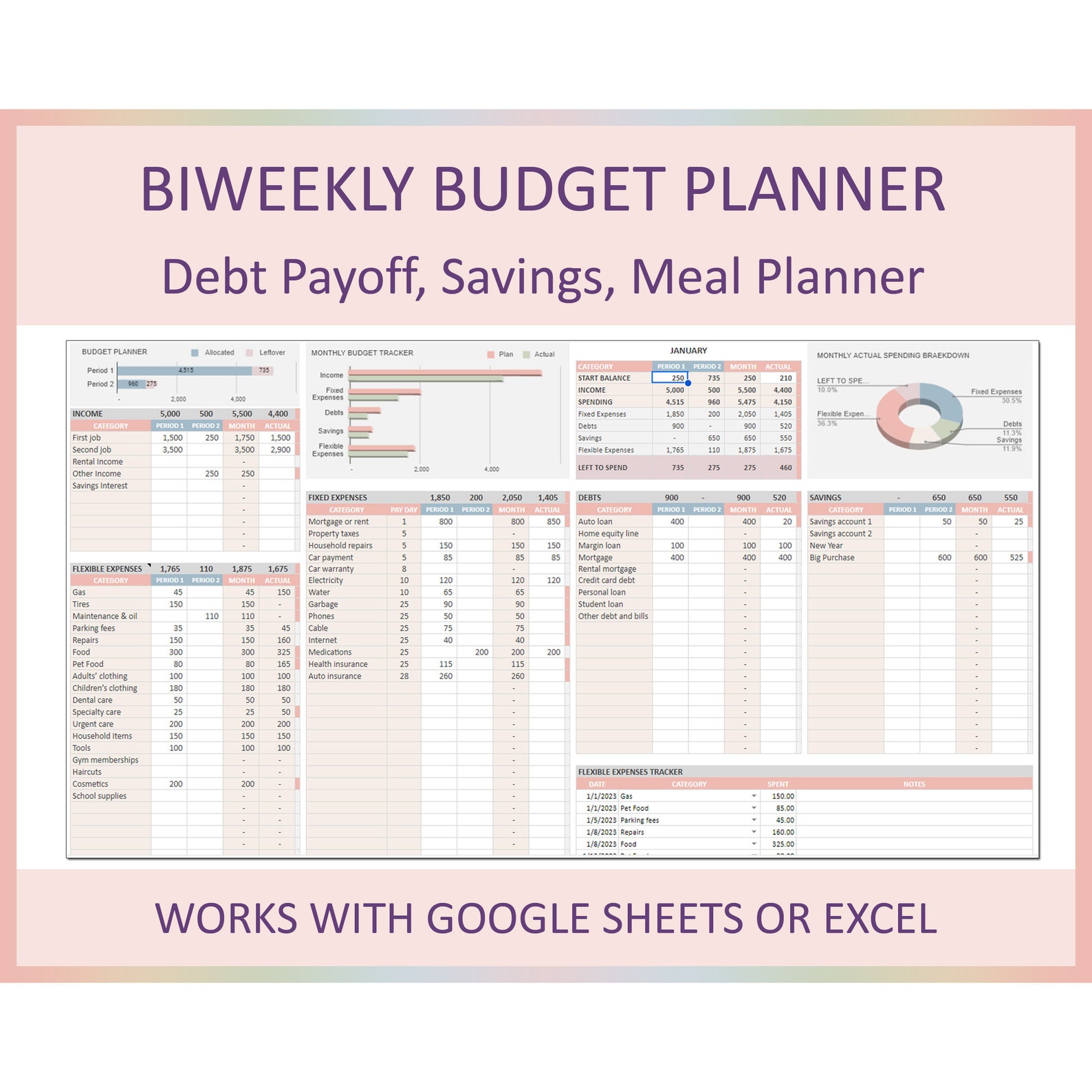 Biweekly Budget Spreadsheet Template Excel Google Sheets Planner Weekly ...