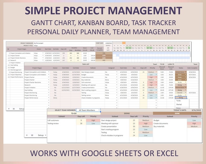 Project Management With Kanban Board and Calendar View Google Sheets Template, Team Project ...