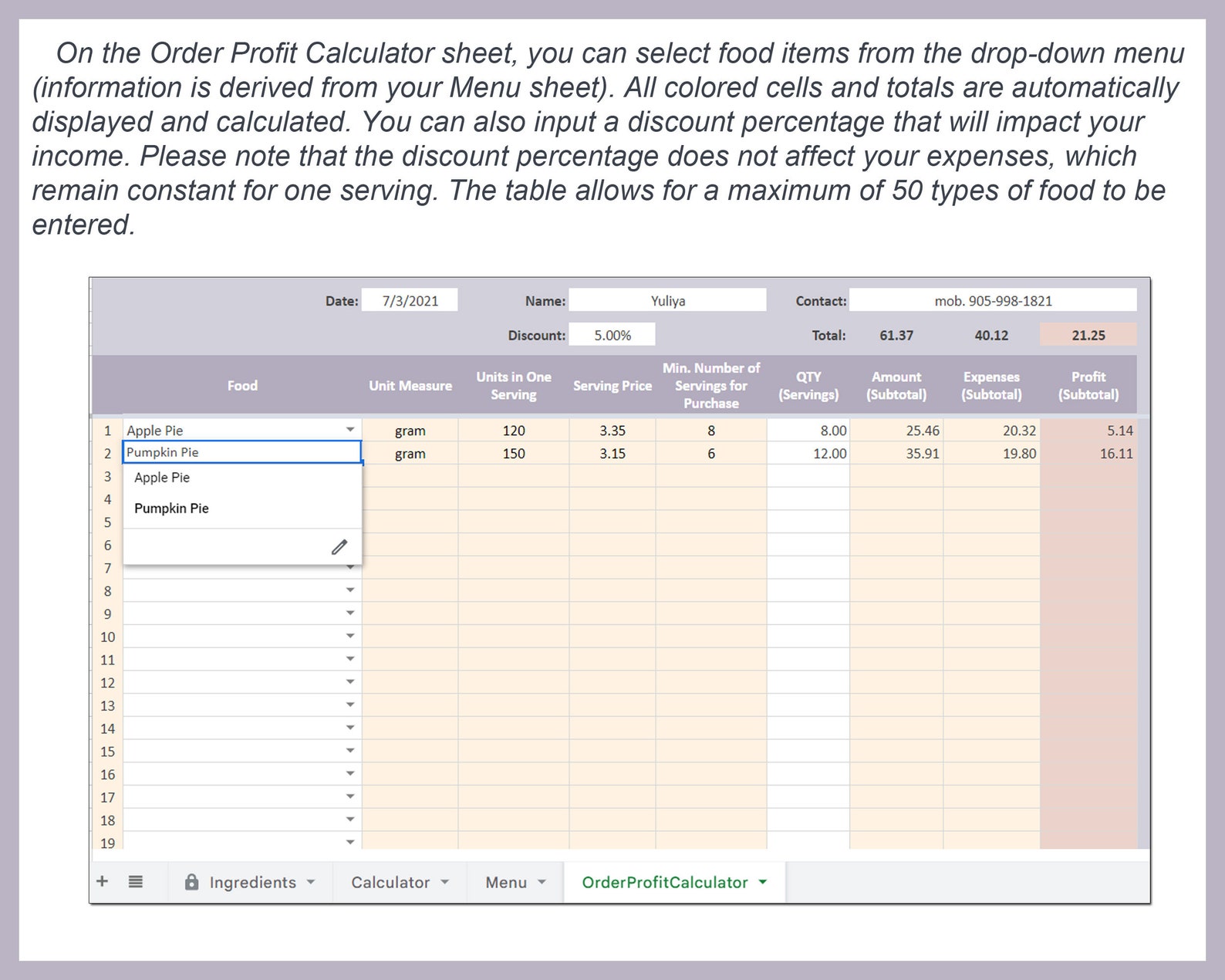Recipe Cost Calculator Order Profit Template Baking Ingredient Formula ...