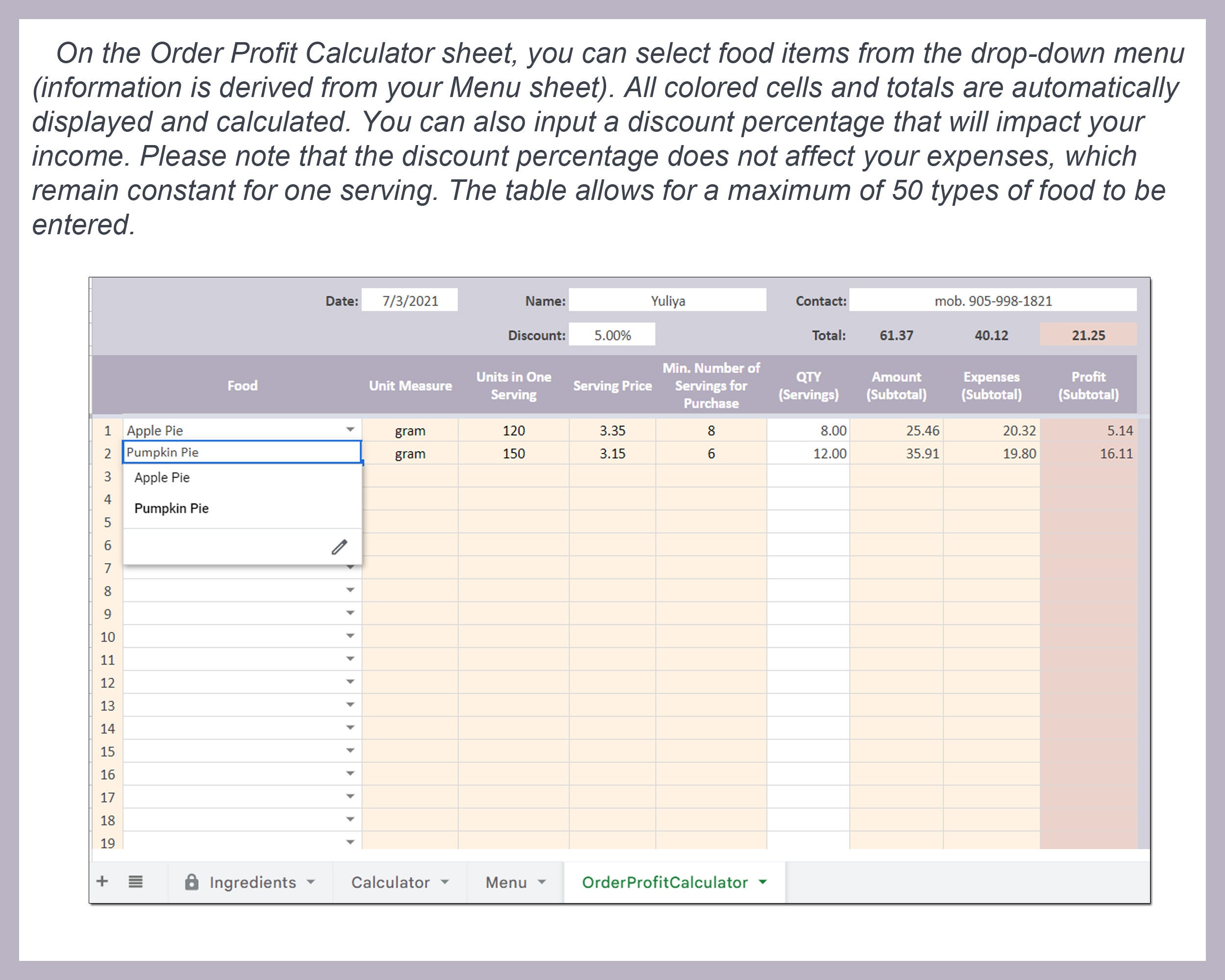 Recipe Cost Calculator Order Profit Template Baking Ingredient Formula ...
